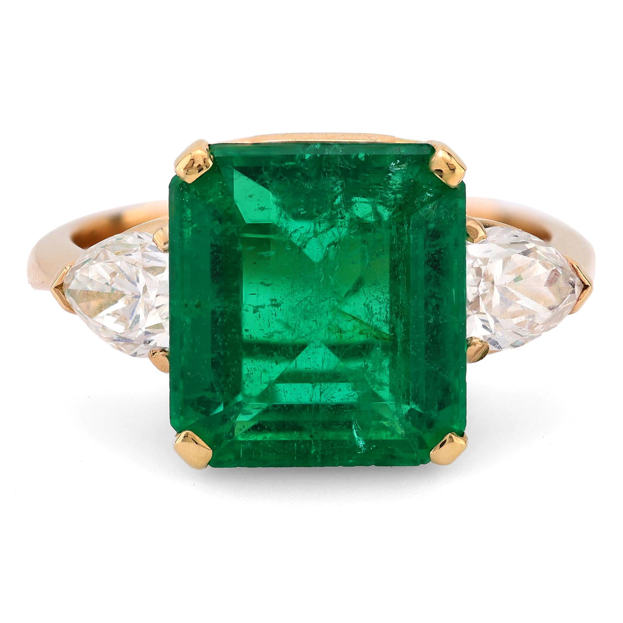 GIA 5.22 carat emerald diamond 18k yellow gold three stone ring ...