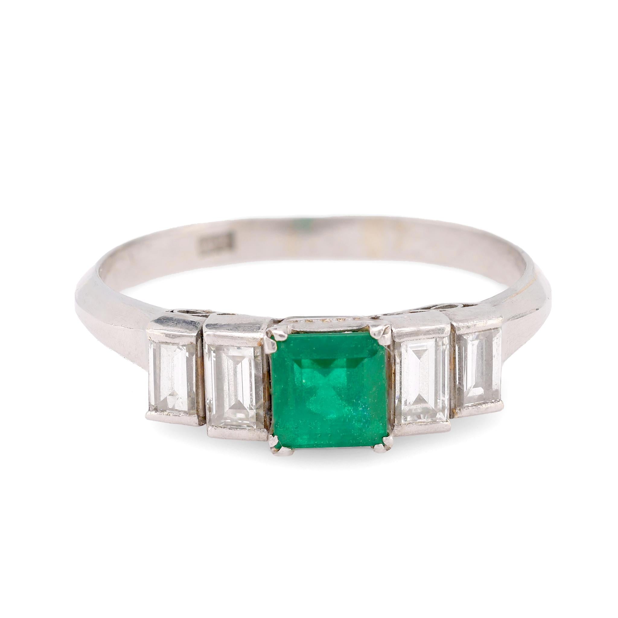 Vintage emerald diamond platinum five stone ring – Trumpet & Horn