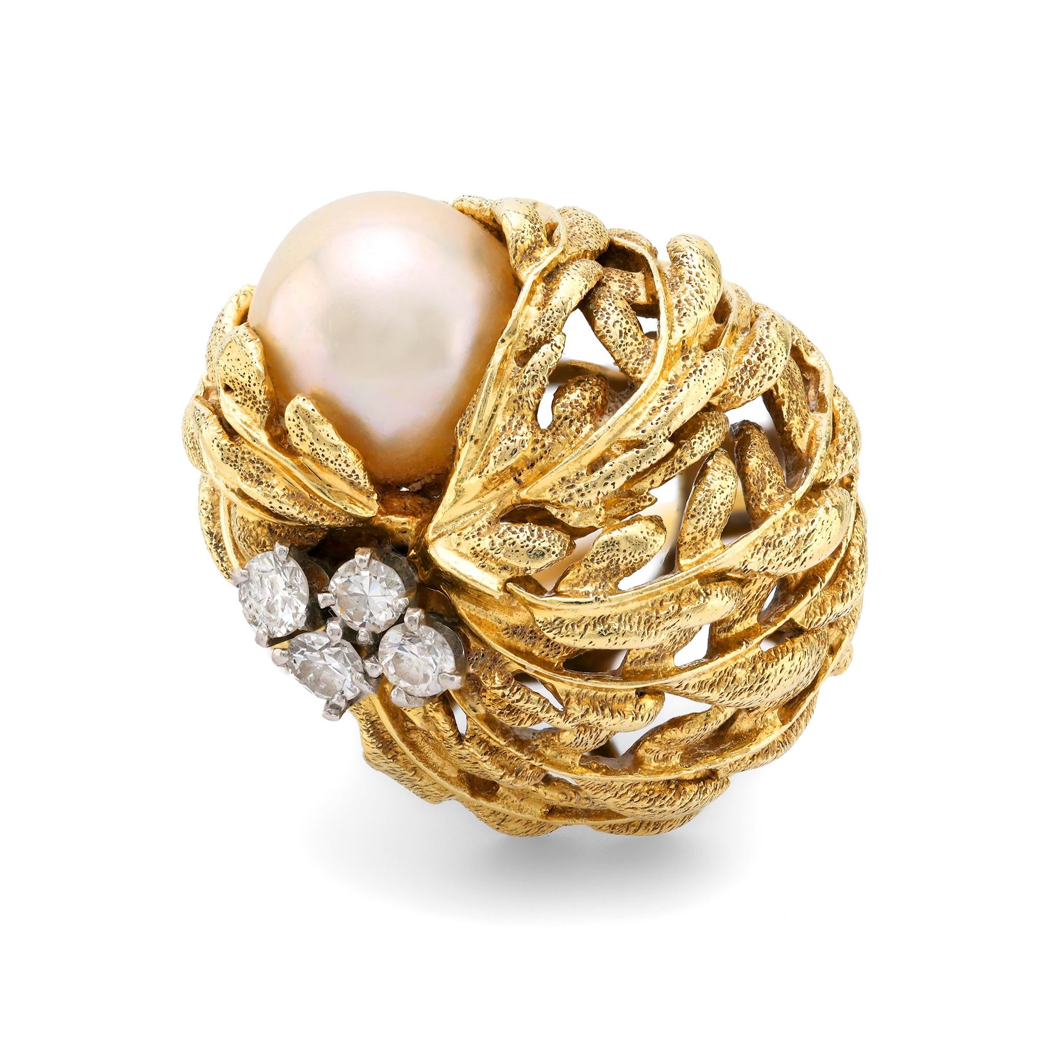 Mid Century 18k pearl diamond cocktail ring – Trumpet & Horn