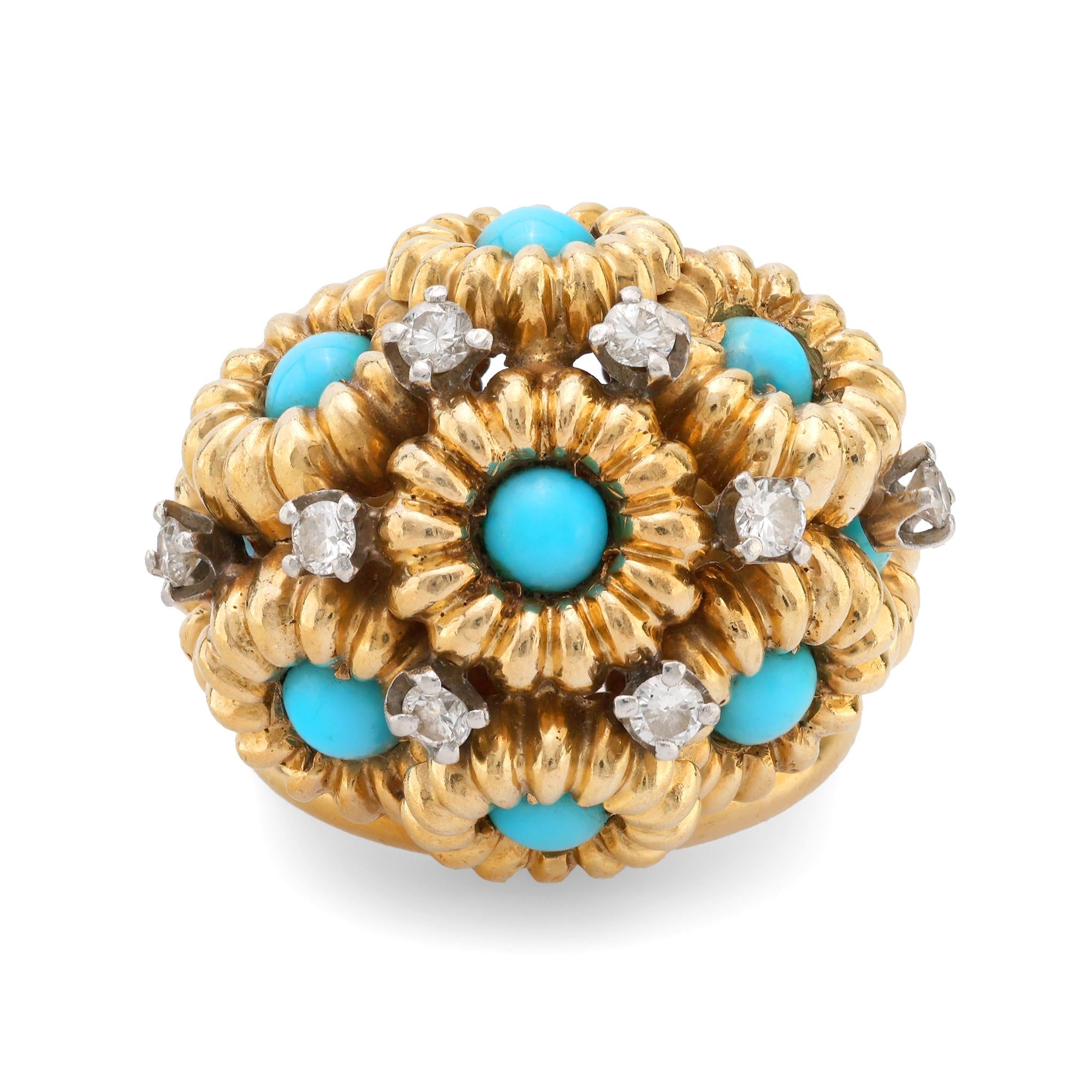 Mid Century 18k yellow gold turquoise diamond cocktail ring – Trumpet ...