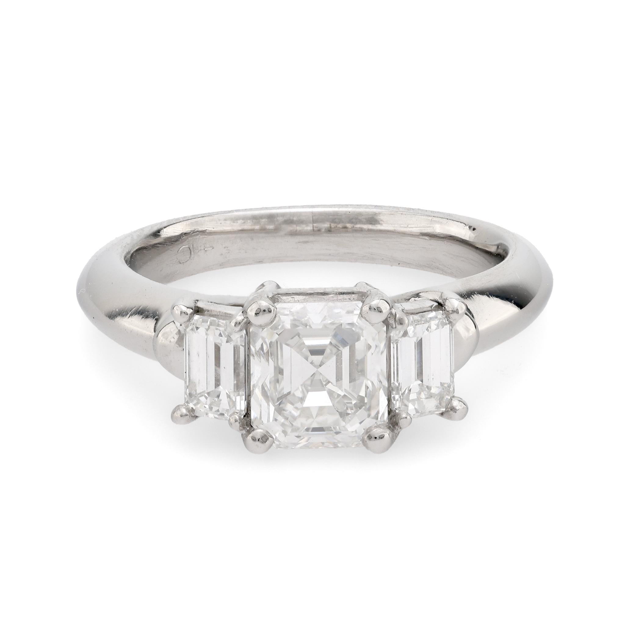Vintage GIA emerald cut diamond platinum three stone ring – Trumpet & Horn