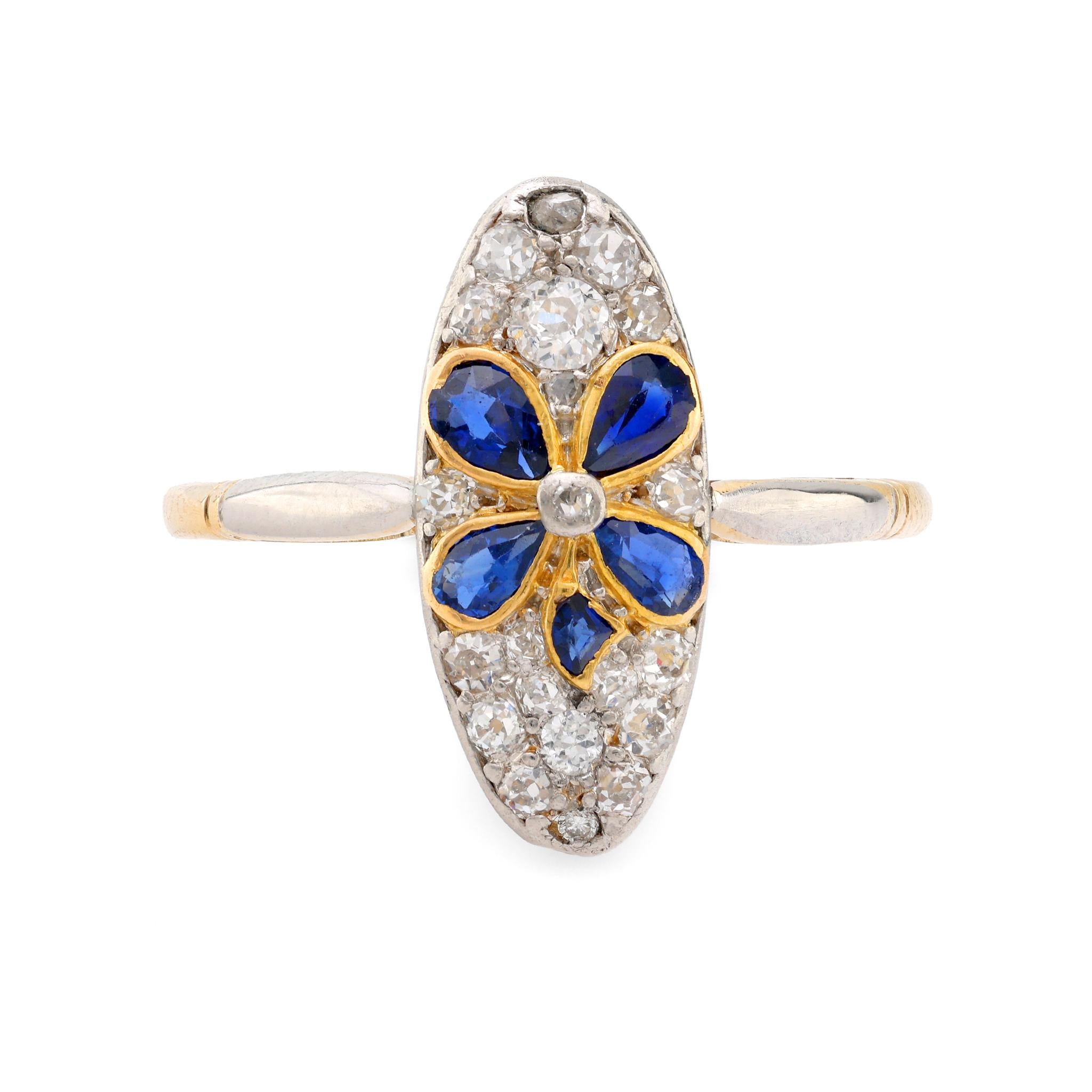 Victorian sapphire diamond 18k gold and platinum navette ring – Trumpet ...