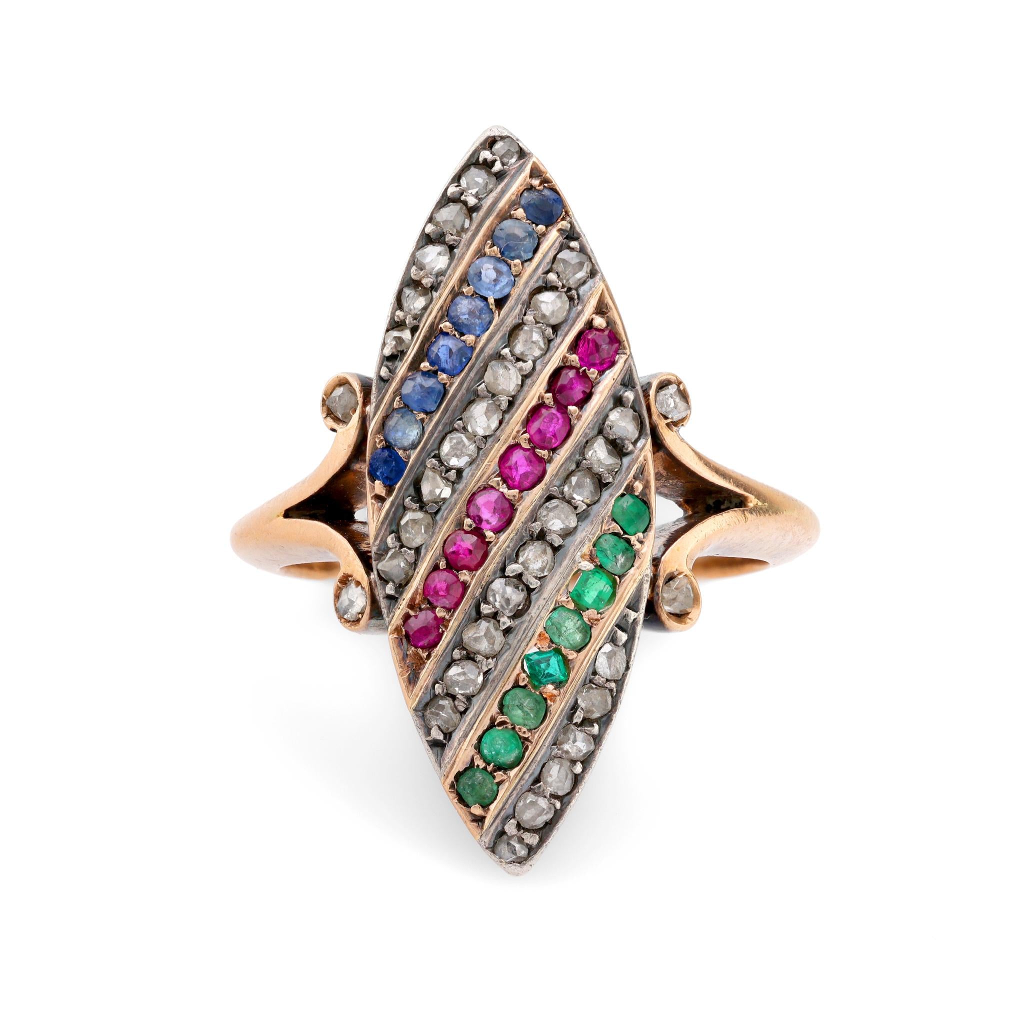 Victorian diamond ruby emerald sapphire 18k yellow gold silver Navette ...