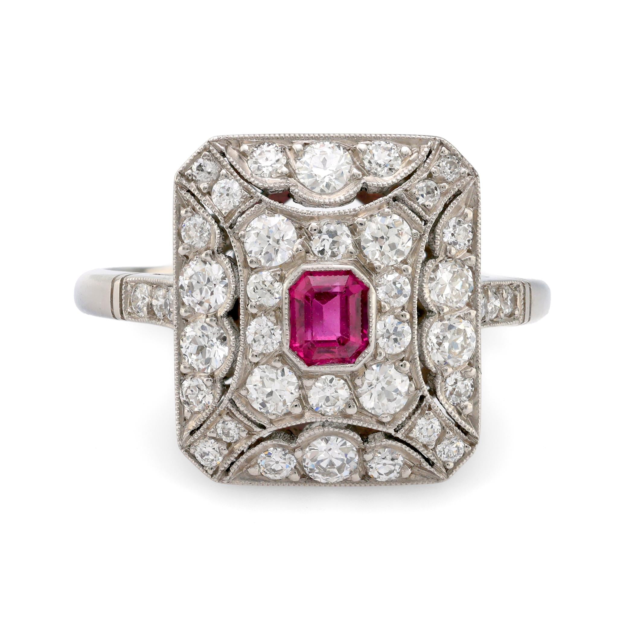 Art Deco Inspired ruby diamond platinum square ring – Trumpet & Horn
