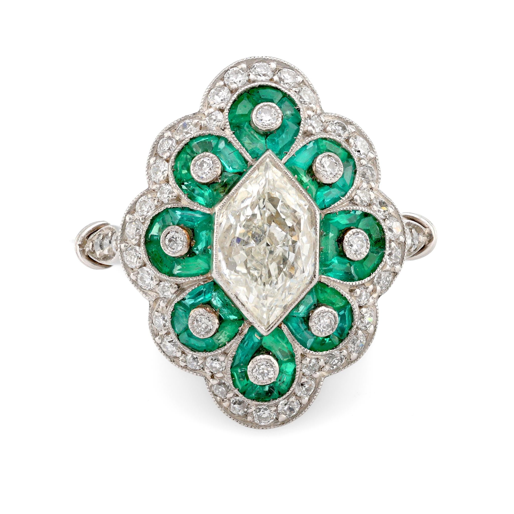Art Deco style diamond emerald platinum Navette ring – Trumpet & Horn