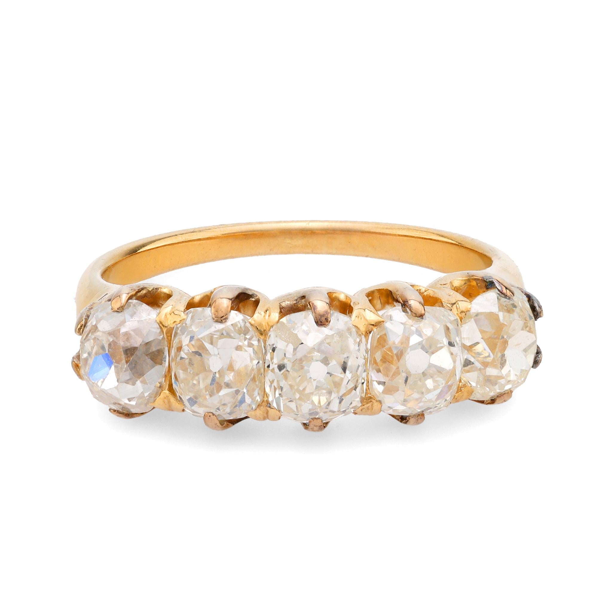 Victorian 3 carat total weight diamond 18k yellow gold five stone band ...