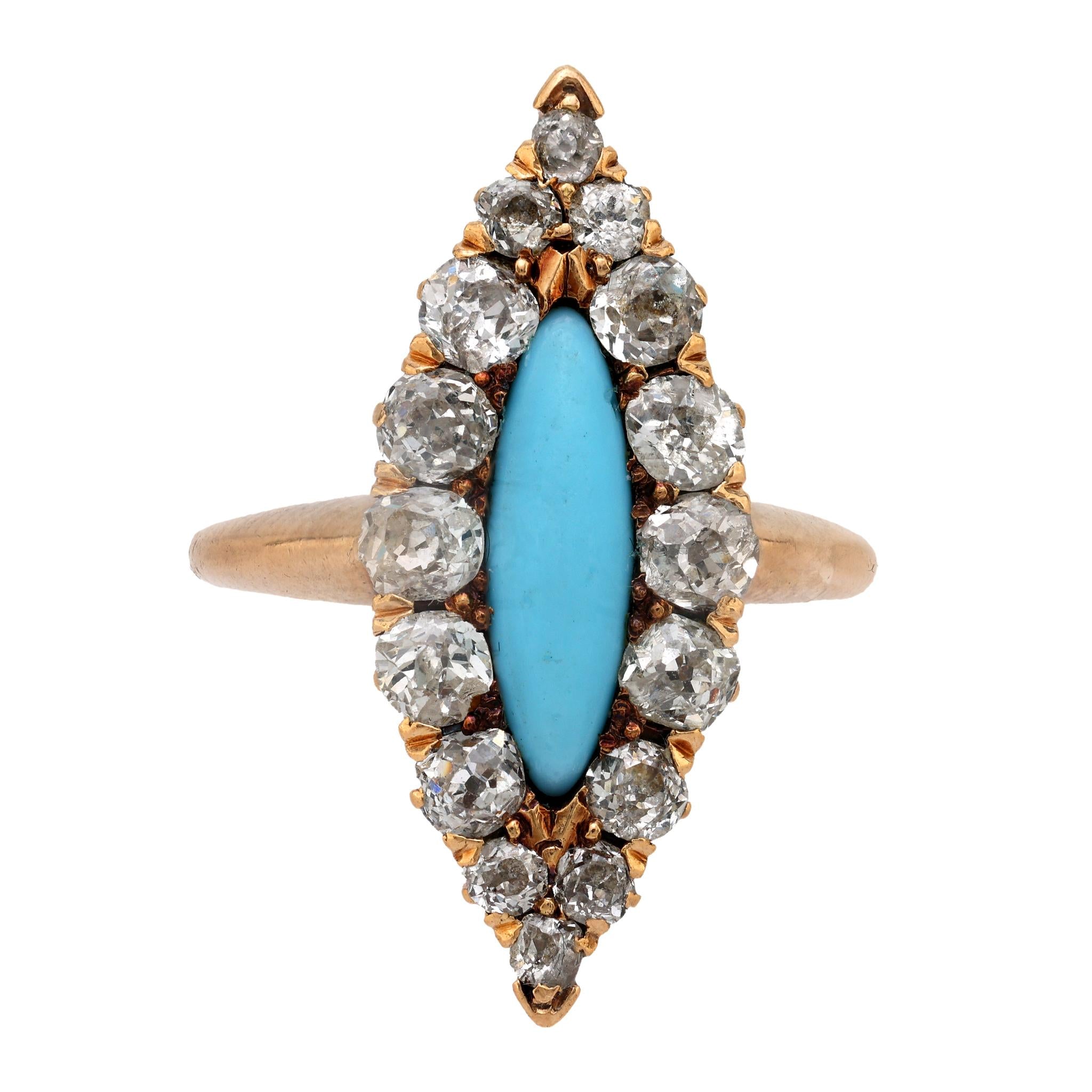 Victorian turquoise diamond 14k rose gold Navette ring – Trumpet & Horn