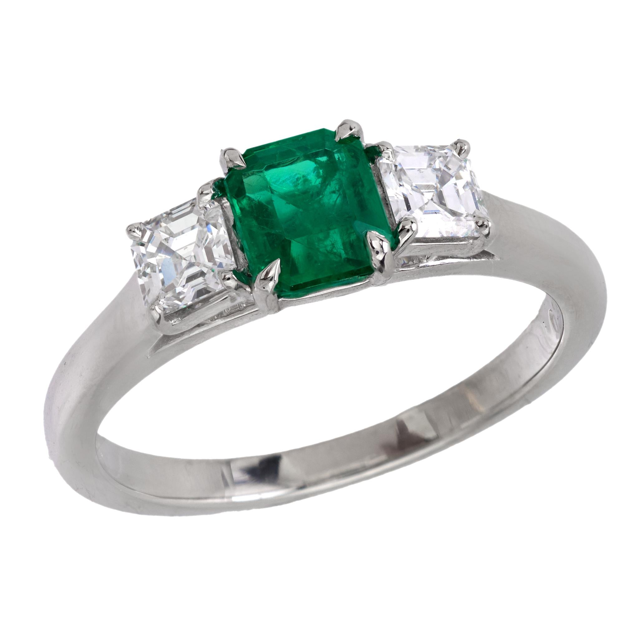 Mid Century emerald diamond platinum 3 stone ring – Trumpet & Horn