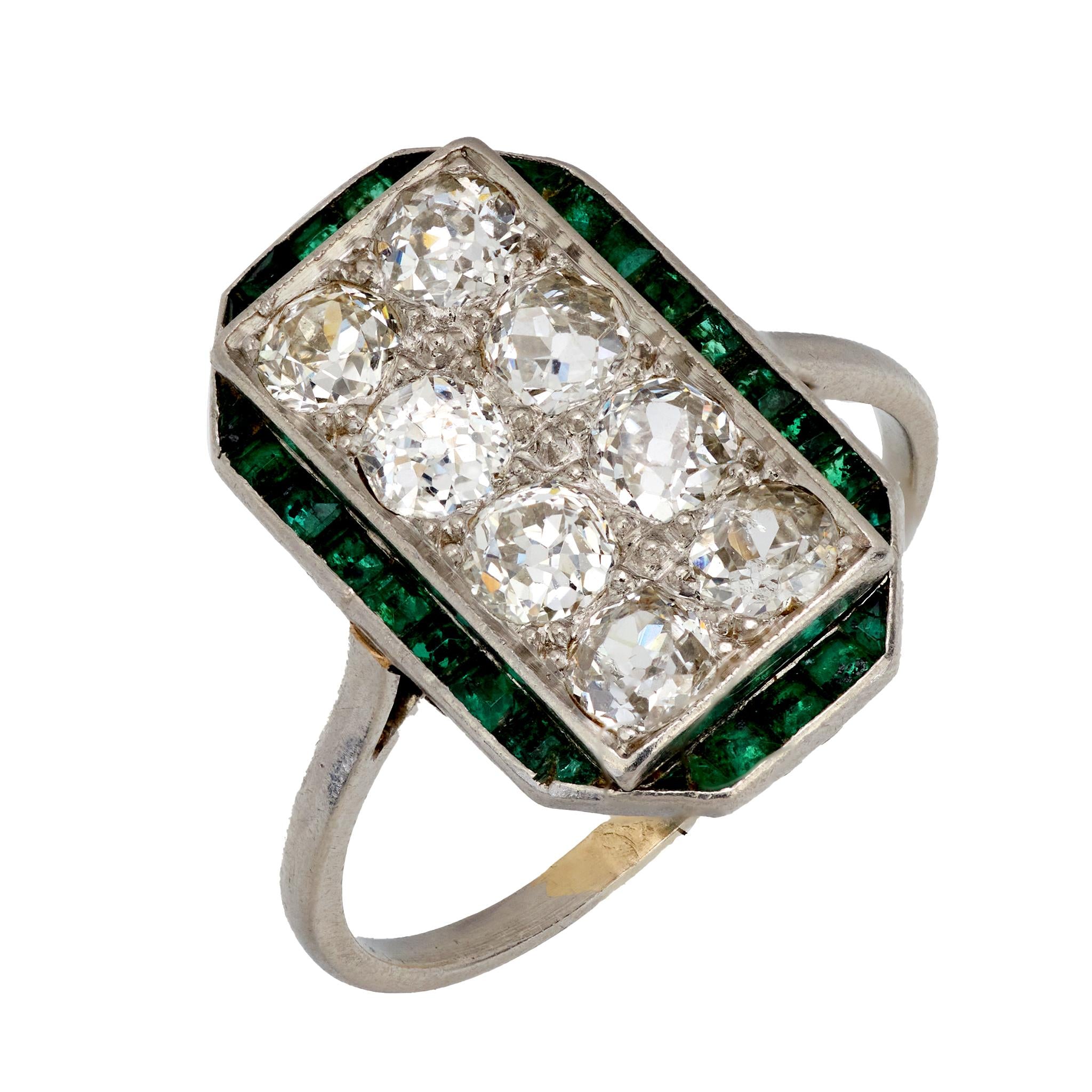 Art Deco French old mine cut diamond emerald platinum ring – Trumpet & Horn