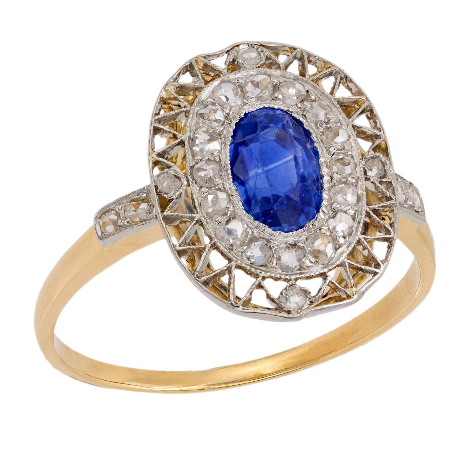 Edwardian sapphire diamond 18k yellow gold and platinum ring – Trumpet ...