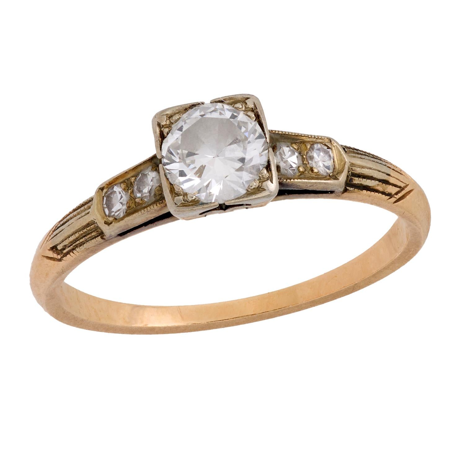 Retro diamond 14k yellow and white gold engagement ring – Trumpet & Horn