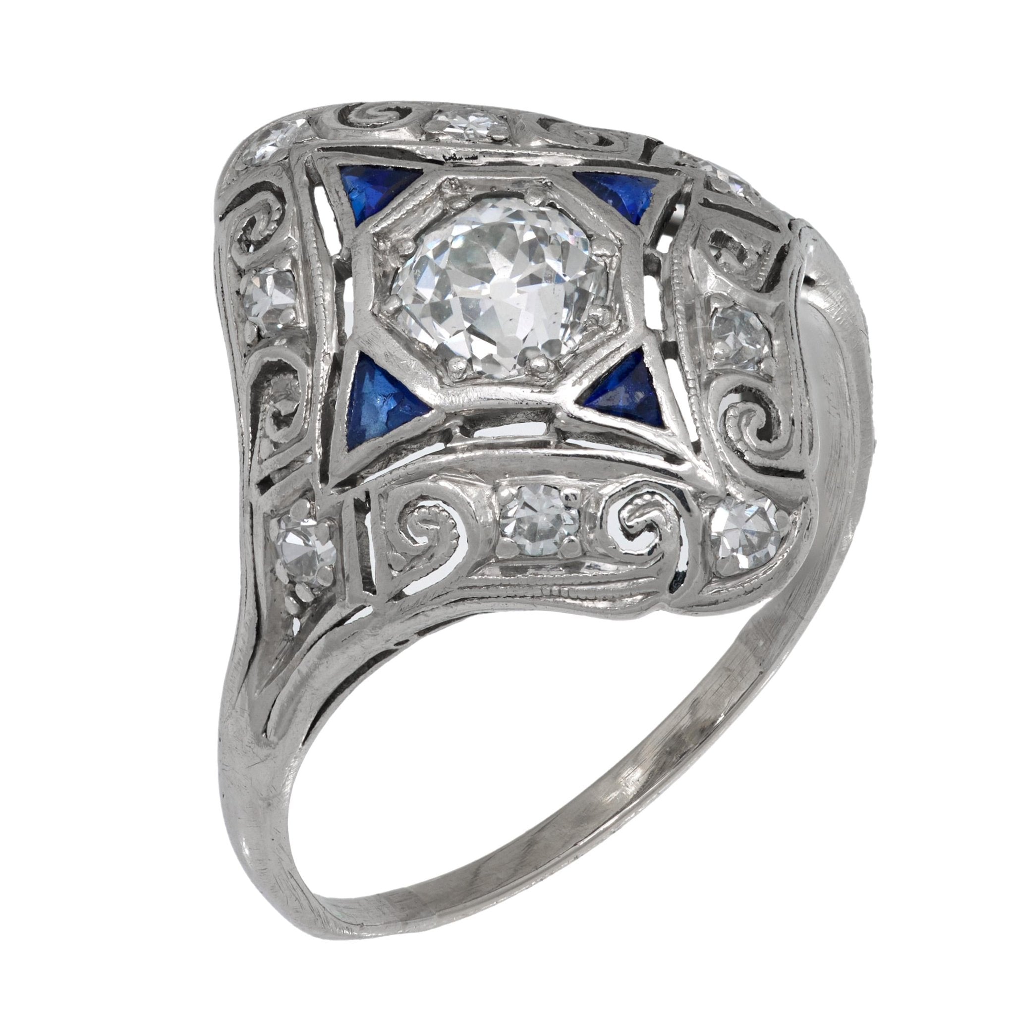Art Deco diamond sapphire platinum filigree shield ring – Trumpet & Horn