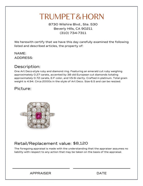 Art Deco Inspired ruby diamond platinum square ring – Trumpet & Horn
