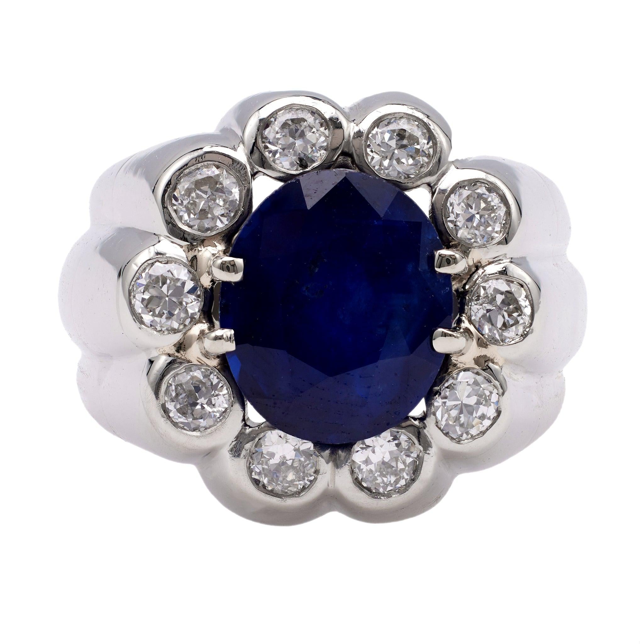 Mid-Century French Sapphire and Diamond Platinum Ring – Trumpet & Horn